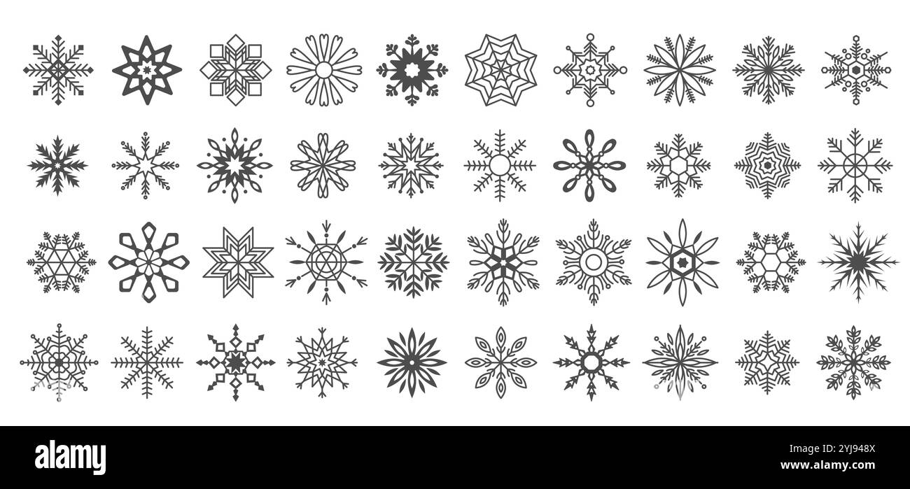 Minimal snowflake frozen water crystals black linear icons collection ...