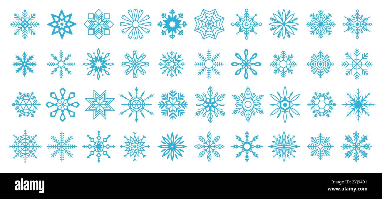 Snowflake intricate designs blue linear icons collection. Beauty and ...