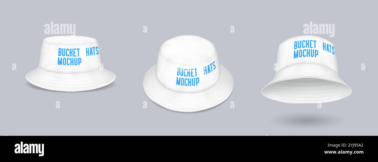 Mockup white bucket hats with logo place realistic vector illustration ...