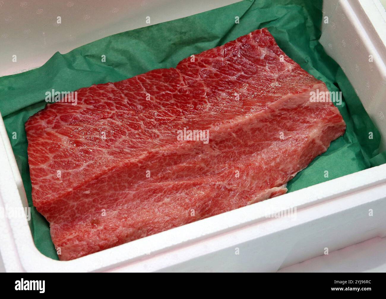 A photo shows a raw meat of sei whale (Balaenoptera borealis) at a fish ...