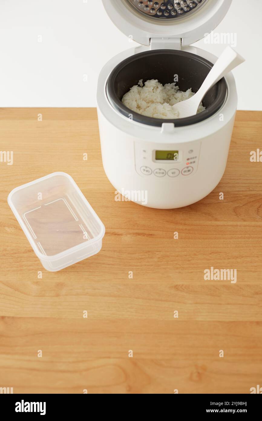 Empty Tupperware and rice cooker with white rice Stock Photo - Alamy
