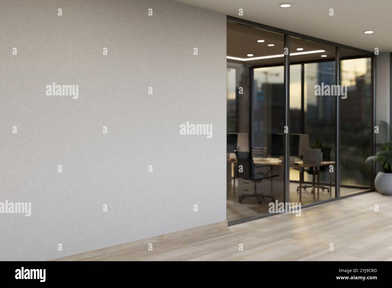 The interior design of a modern skyscraper office corridor features ...