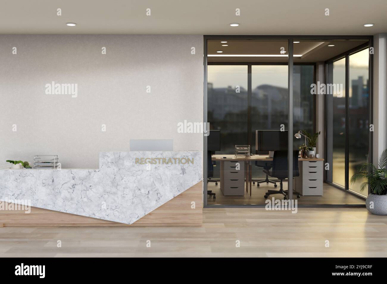 The interior design of a modern skyscraper office entrance lobby ...