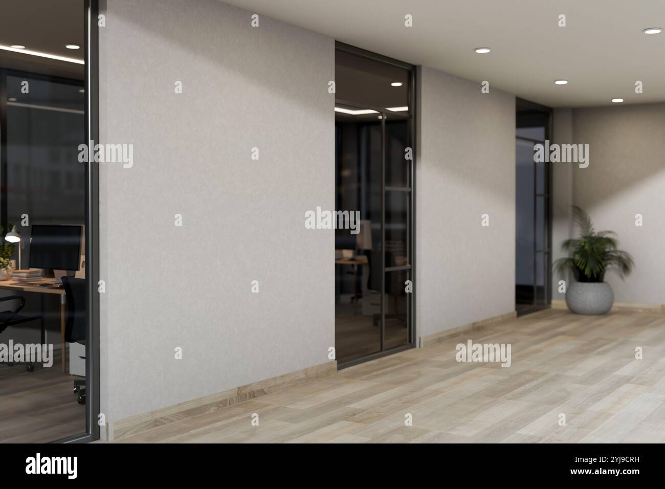 The interior design of a modern skyscraper office corridor features ...