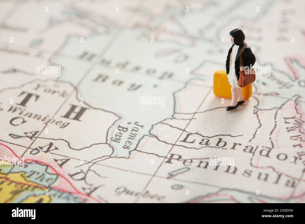 Miniature woman holding suitcase on world map Stock Photo - Alamy