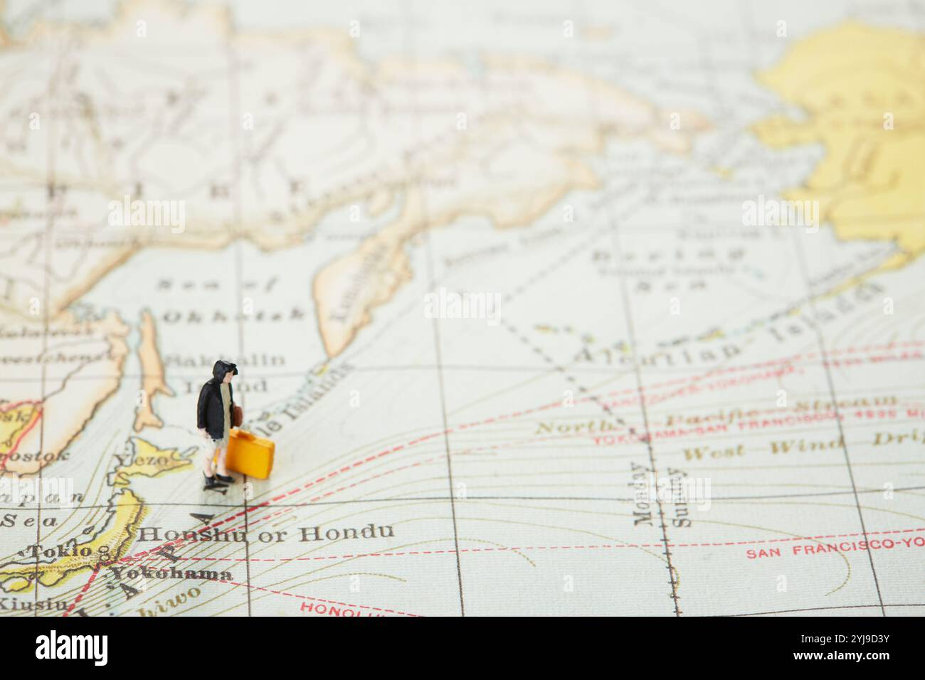 Miniature woman holding suitcase on world map Stock Photo - Alamy