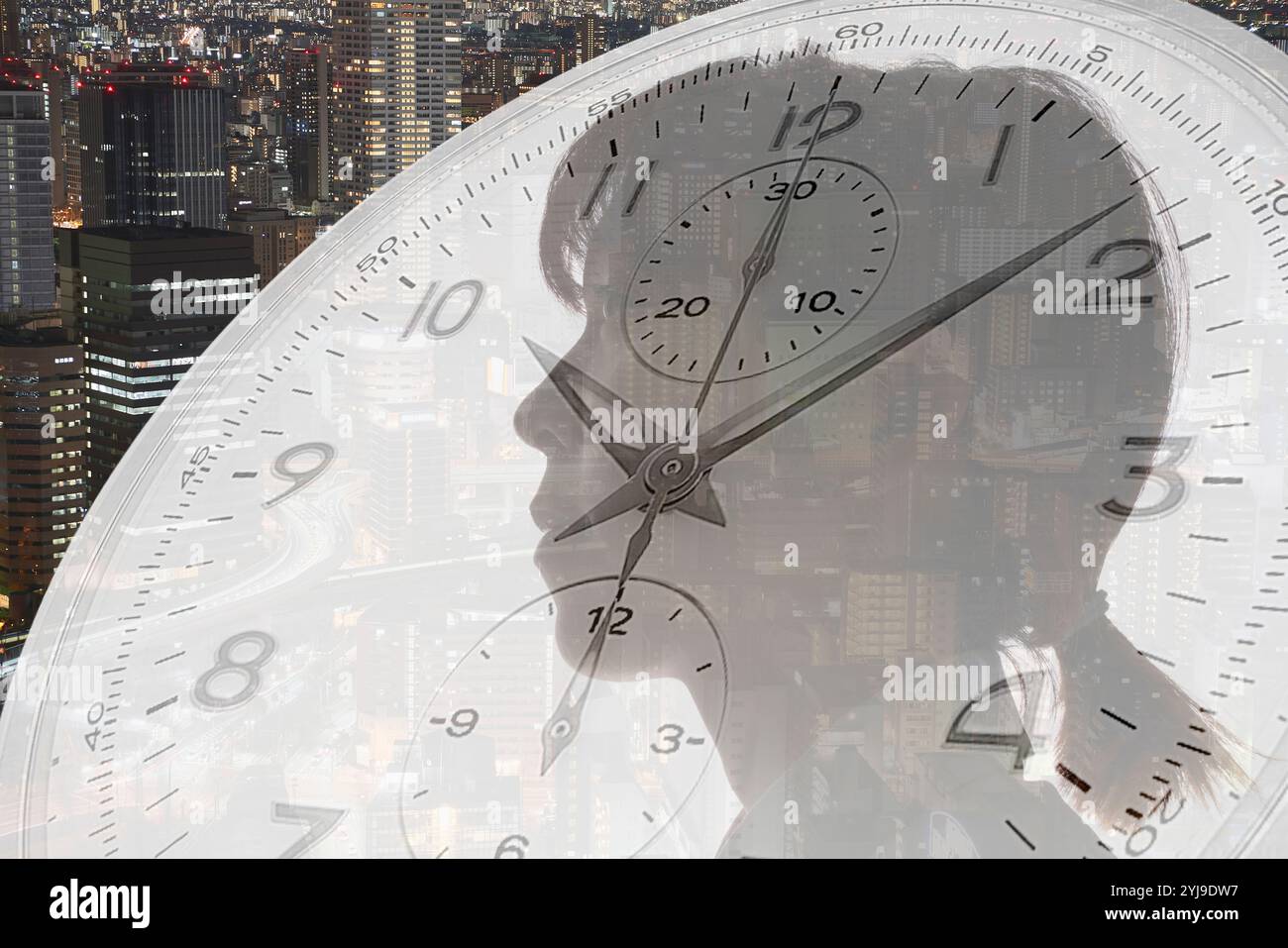 Female profile, clock and city at night Stock Photo - Alamy