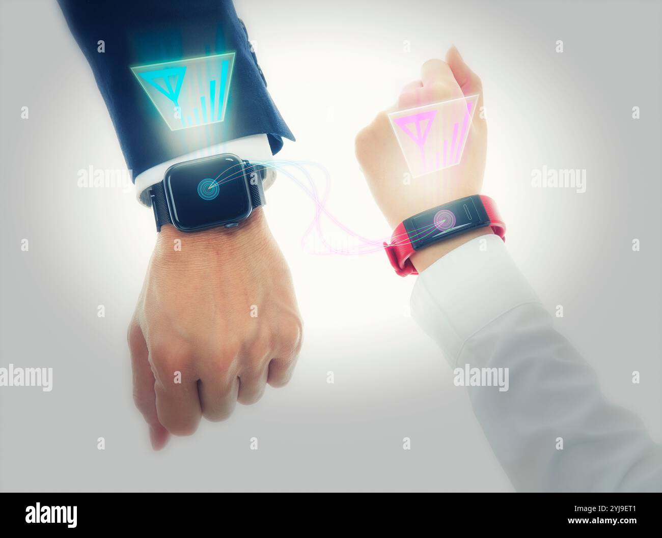 Male and female arm smartwatch communication Stock Photo - Alamy