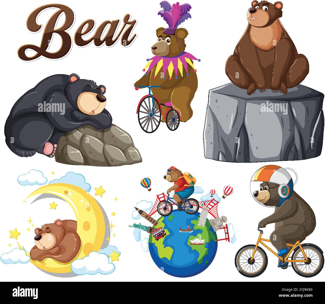 Illustrated bears cycling, dreaming, and exploring the world Stock ...
