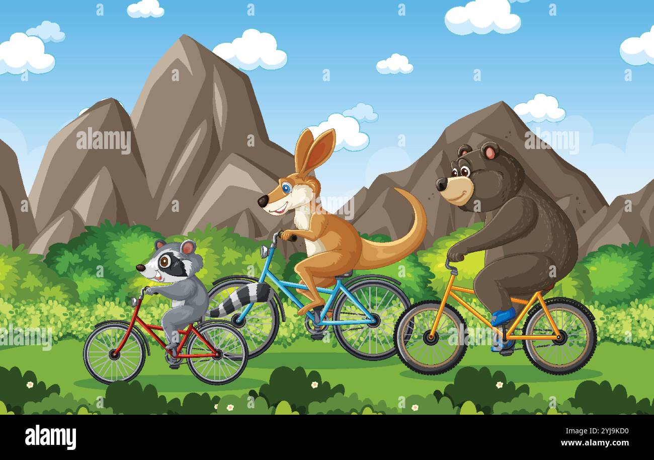 Raccoon, kangaroo, and bear riding bikes together Stock Vector Image ...