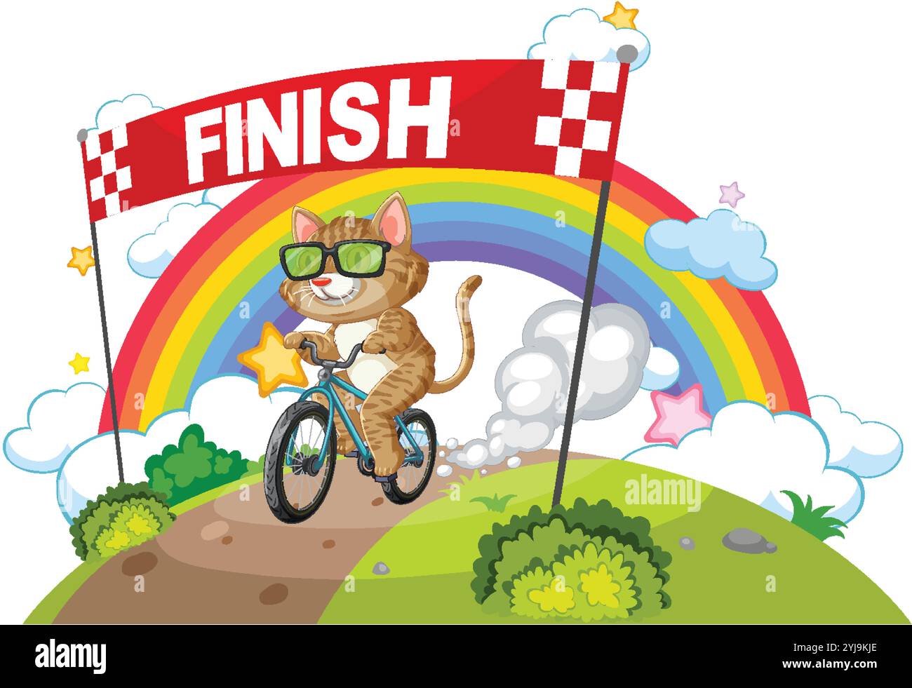 Cat cycling to victory under a colorful rainbow Stock Vector Image ...