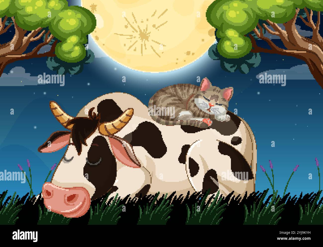 Cat and cow resting under a glowing moon Stock Vector Image & Art - Alamy