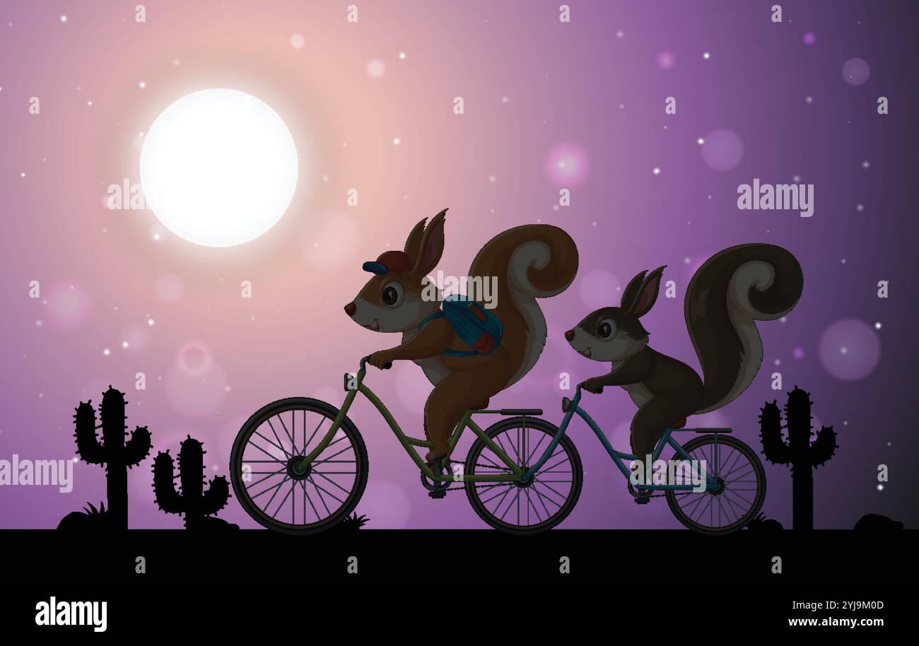 Two squirrels ride bicycles in a desert night Stock Vector Image & Art ...