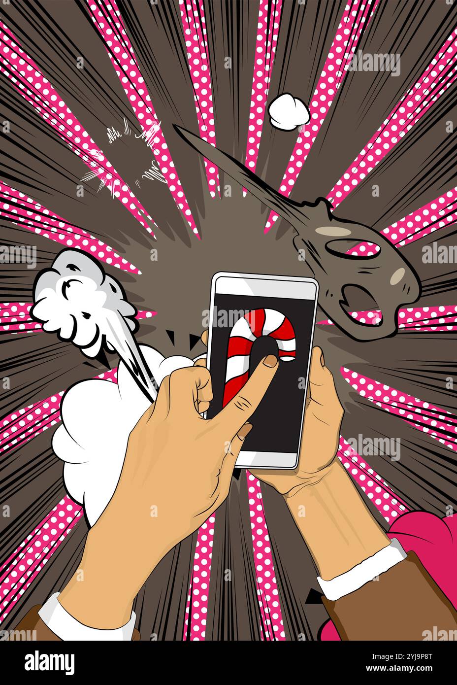Cartoon Smartphone, comic book Telephone with Candy cane. Retro vector ...