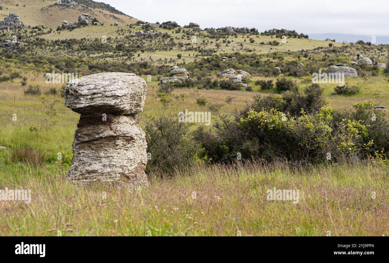 Standing stone rock schist Central Otago with beautiful landscape ...