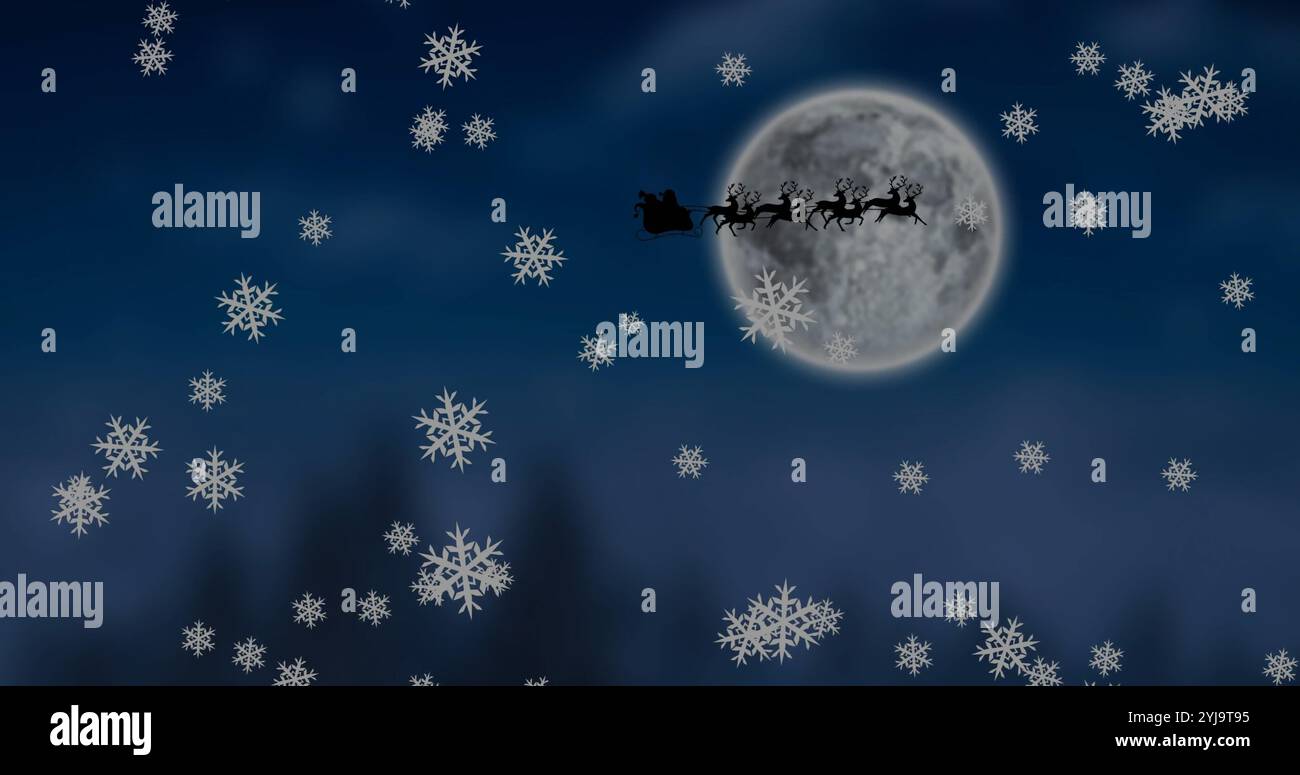 Image of snow falling over santa claus in sleigh and full moon ...
