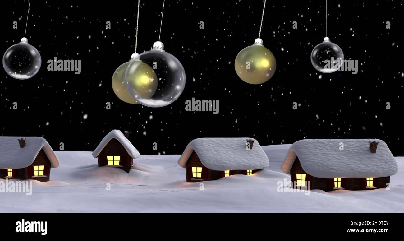 Image of snow falling over christmas baubles and winter scenery with ...