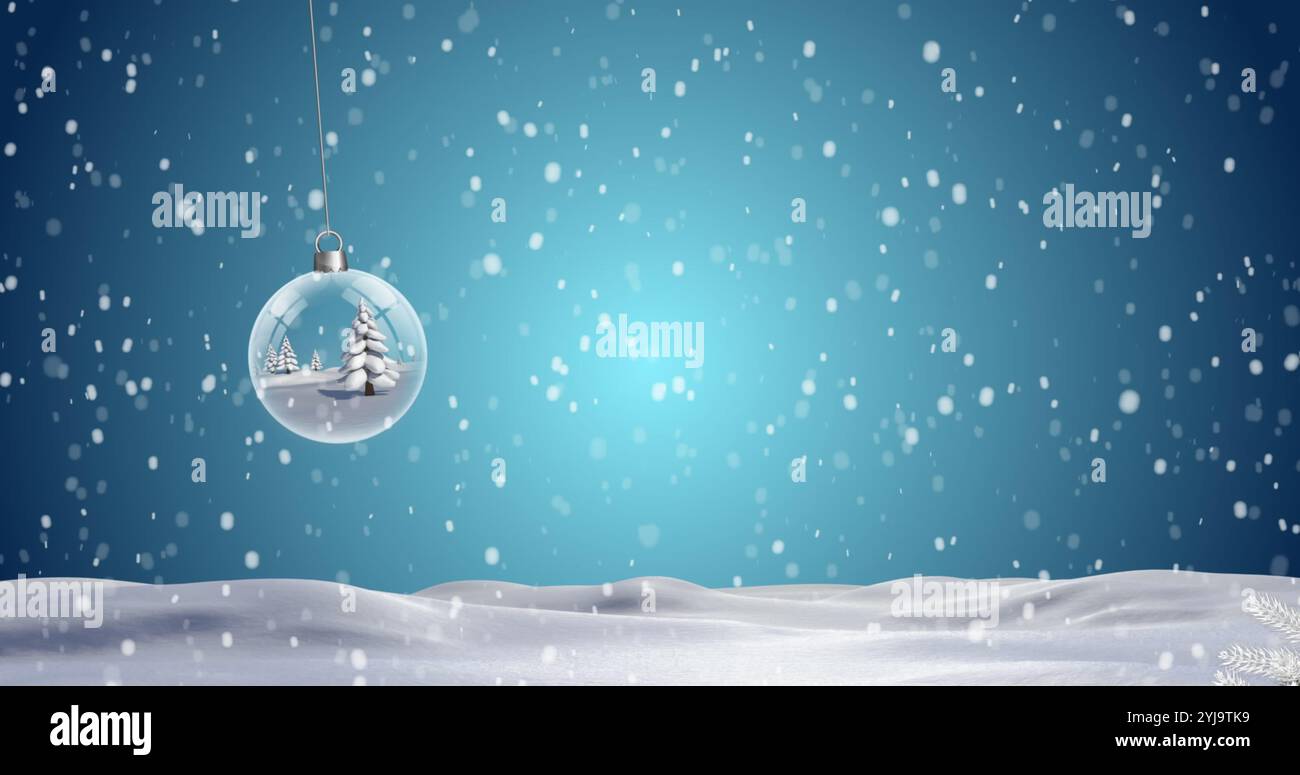 Image of hanging bauble decorations against snow falling over winter ...