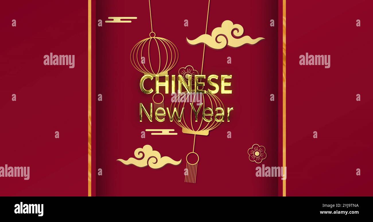 Image of chinese new year text over chinese pattern on red background ...