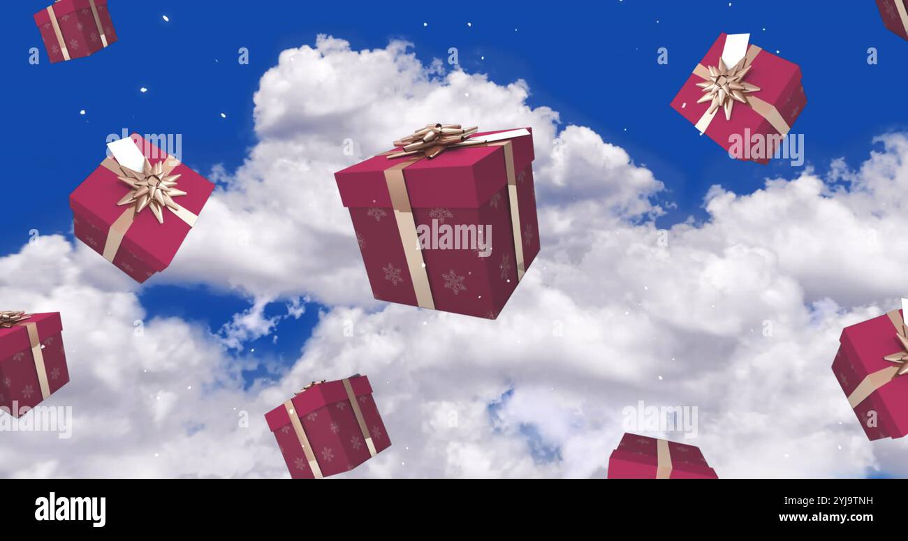 Image of presents over sky with clouds and winter landscape. Christmas ...