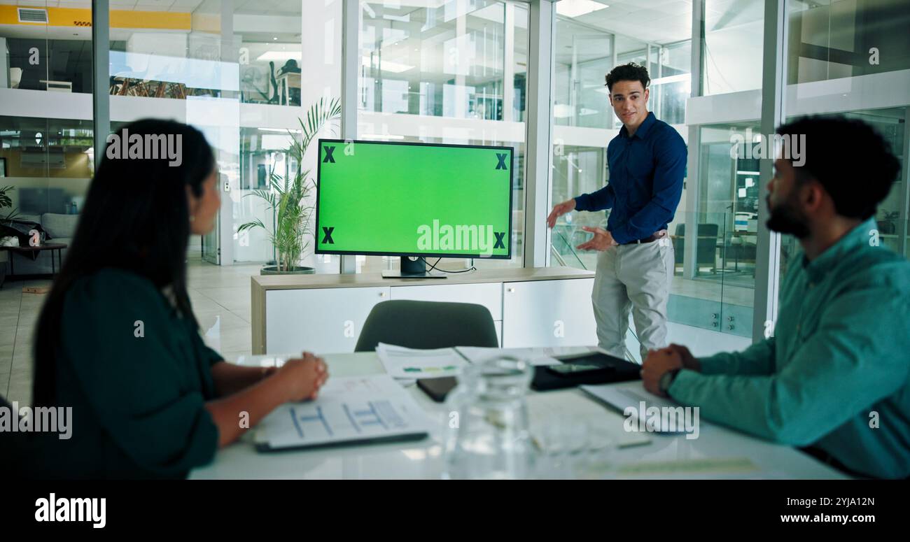 Green screen, presentation and business people in office for meeting ...
