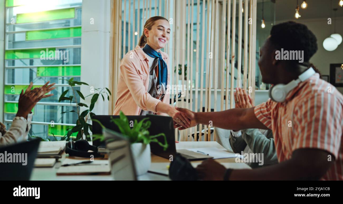 Campus, group and students with handshake for education, english ...