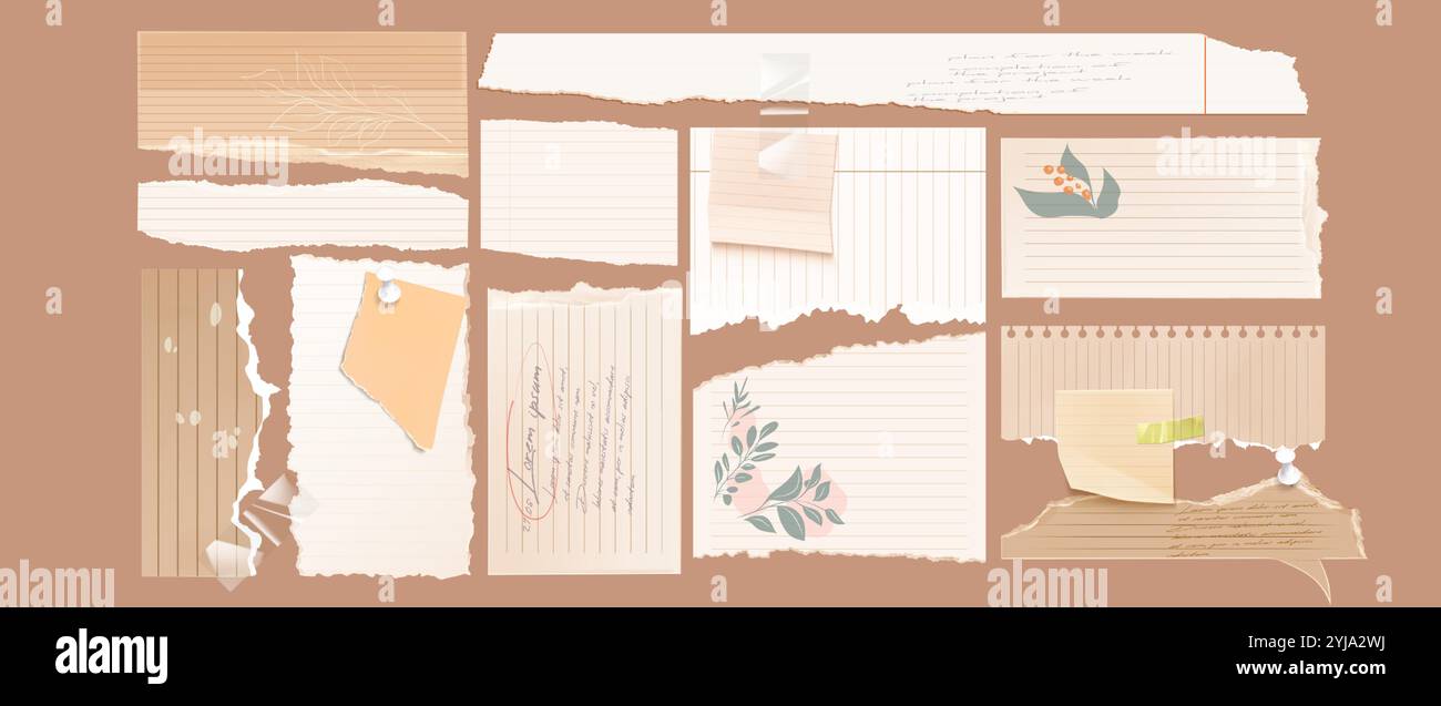 Ripped notepad sheets with delicate floral decorations, lined pattern, adhesive tape pieces and ...