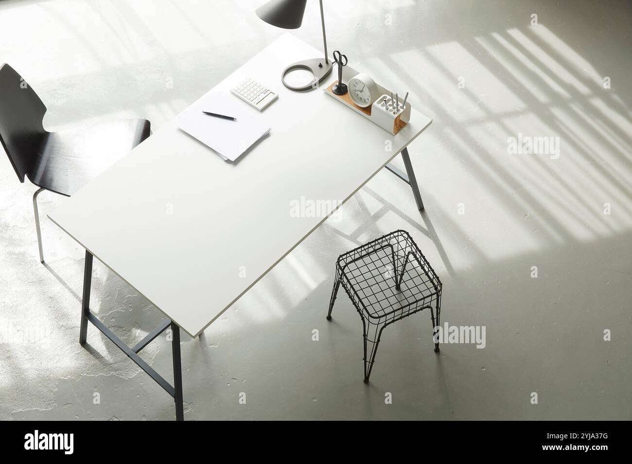 Overhead view of office desk Stock Photo - Alamy