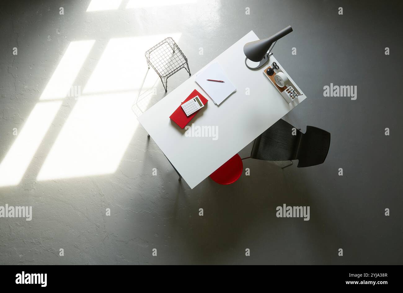 Overhead view of office desk Stock Photo - Alamy