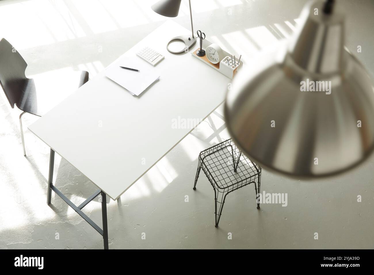 Overhead view of office desk Stock Photo - Alamy