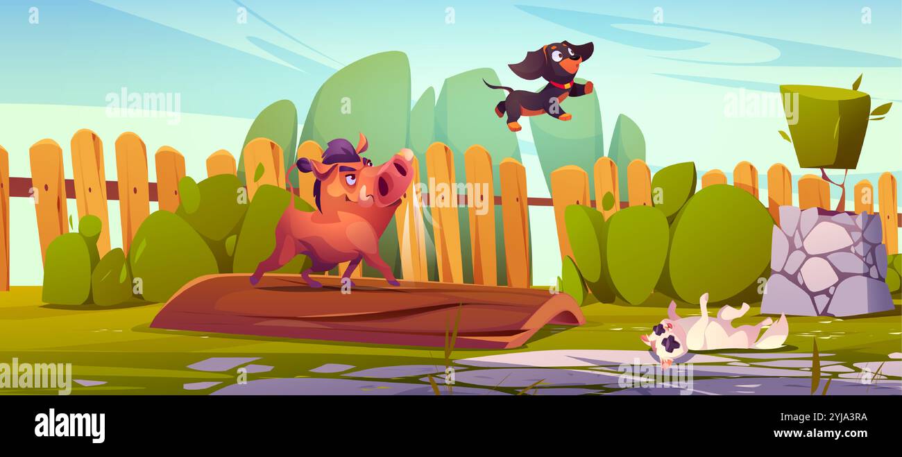 Evil cartoon warthog standing on wooden board in fenced backyard throws ...