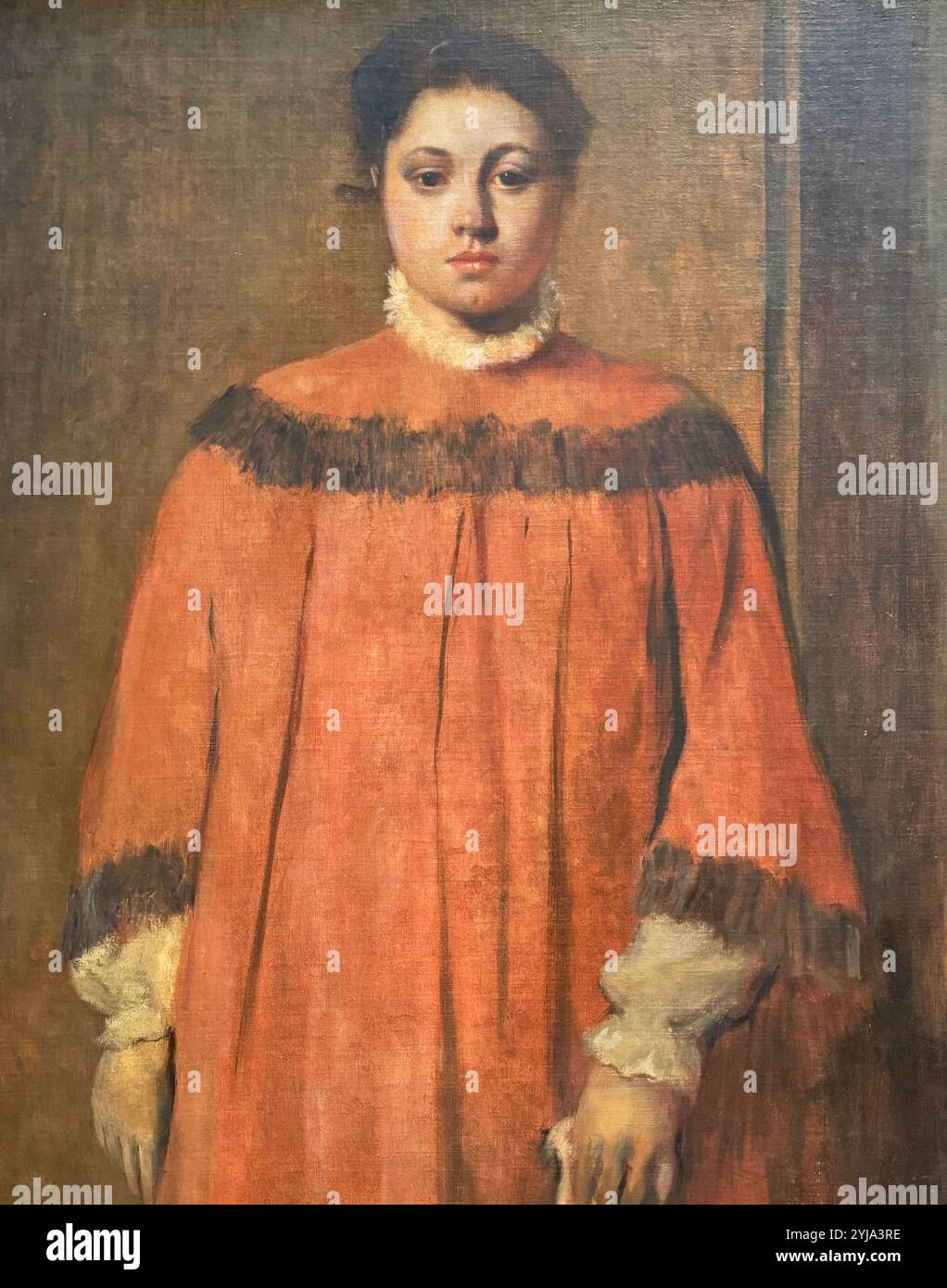 A standing woman, staring at the viewer. The painting, Girl in Red by ...