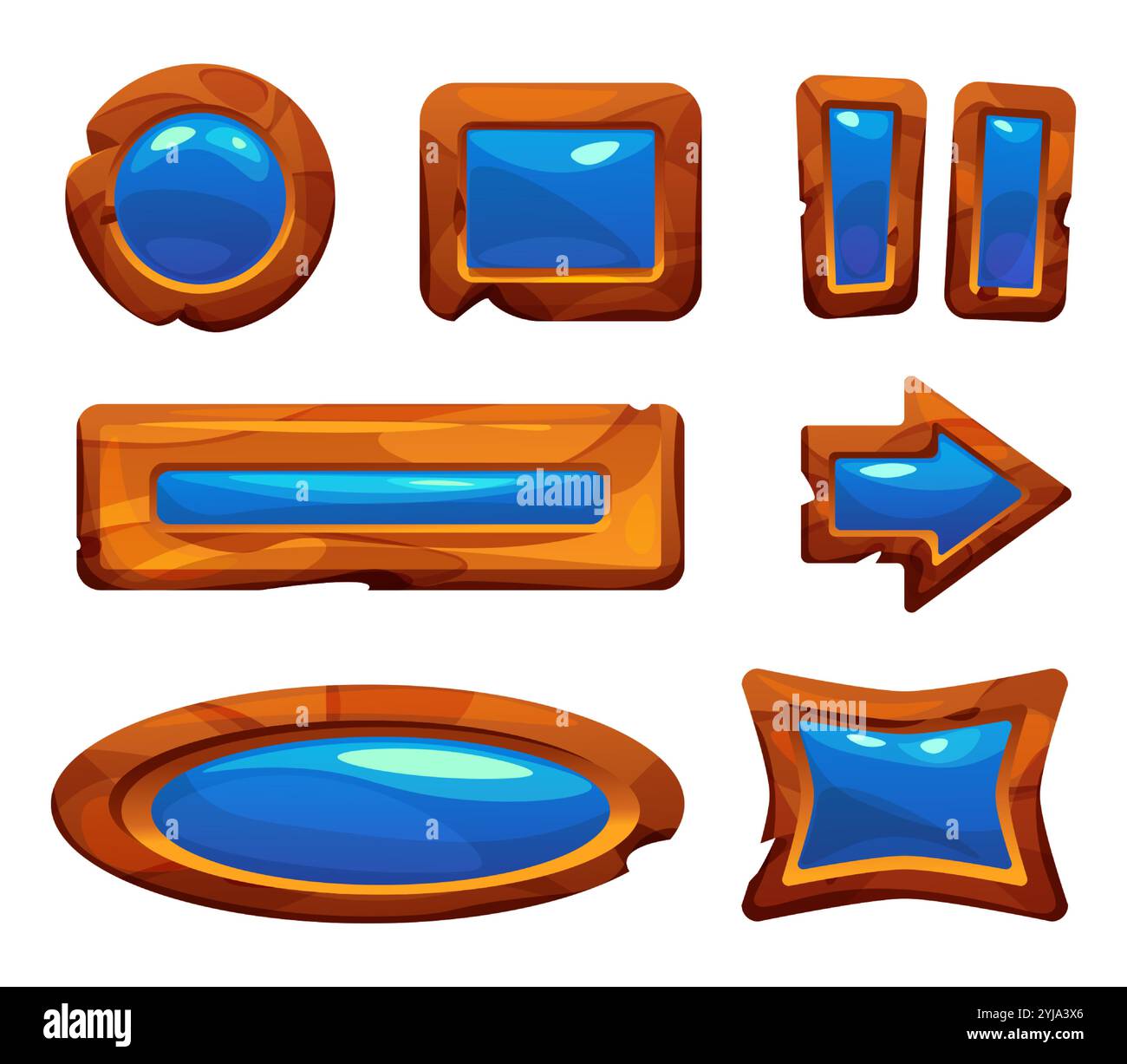 Wooden game ui elements with glowing blue crystal inlays. Cartoon vector set of navigation ...
