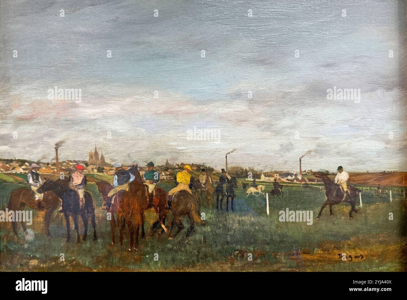 The Races, by Edgar Degas. Jockeys preparing to race horses near ...