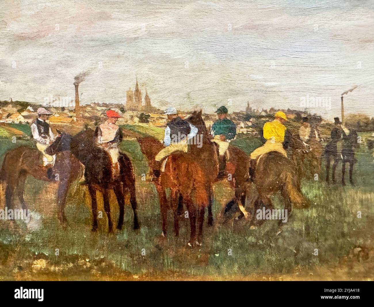 The Races, by Edgar Degas. Jockeys preparing to race horses near ...