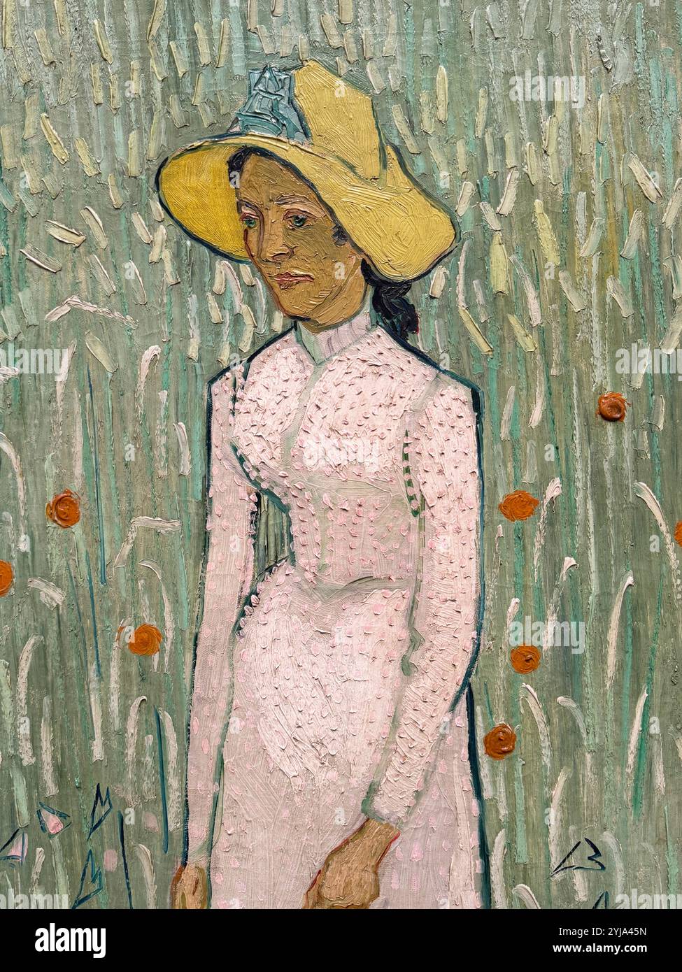 Detail of yellow hat, sad face in the portrait, Girl in White, by ...
