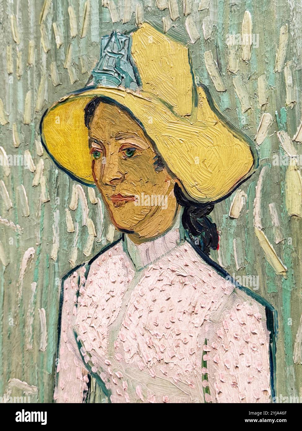 Detail of yellow hat, sad face in the portrait, Girl in White, by ...