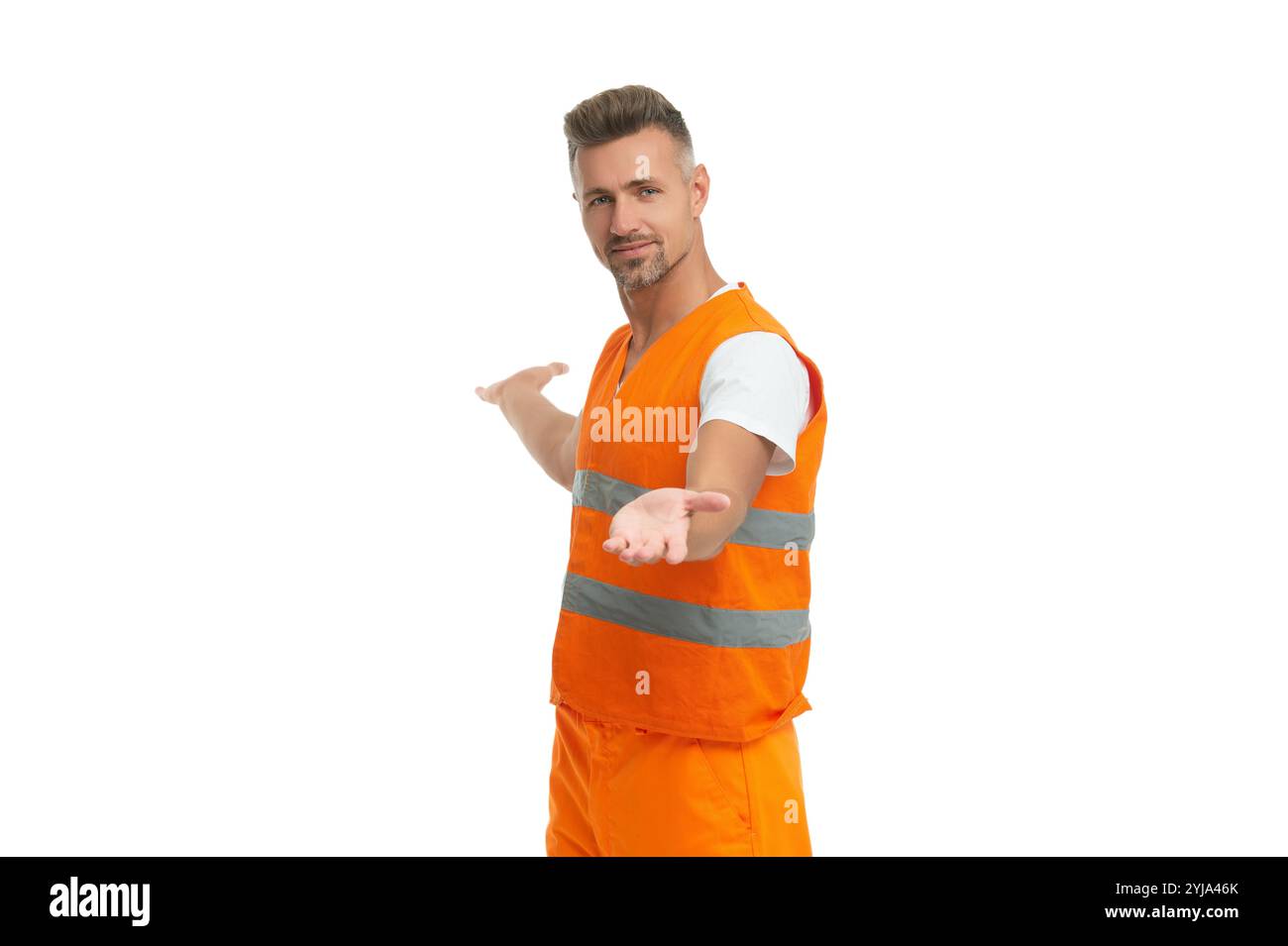 Man construction worker presenting good work. Workman isolated on white ...