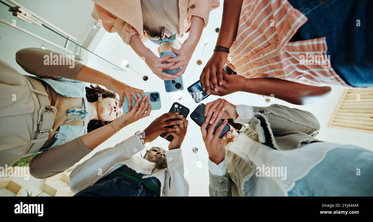 People, circle and phones for university learning, online and teamwork ...