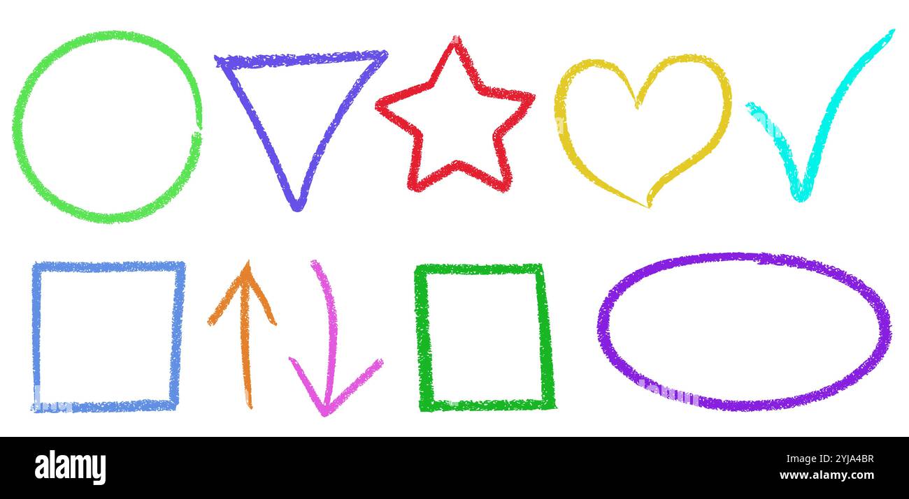 Set of multicolored crayon drawn geometric shapes and frames ...