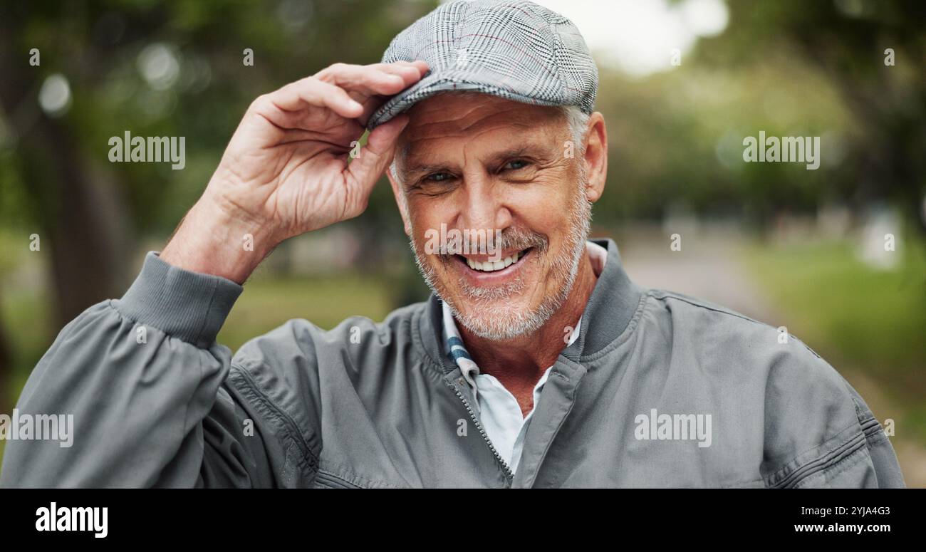 Elderly man, portrait and hat with park for welcome, greeting and ...