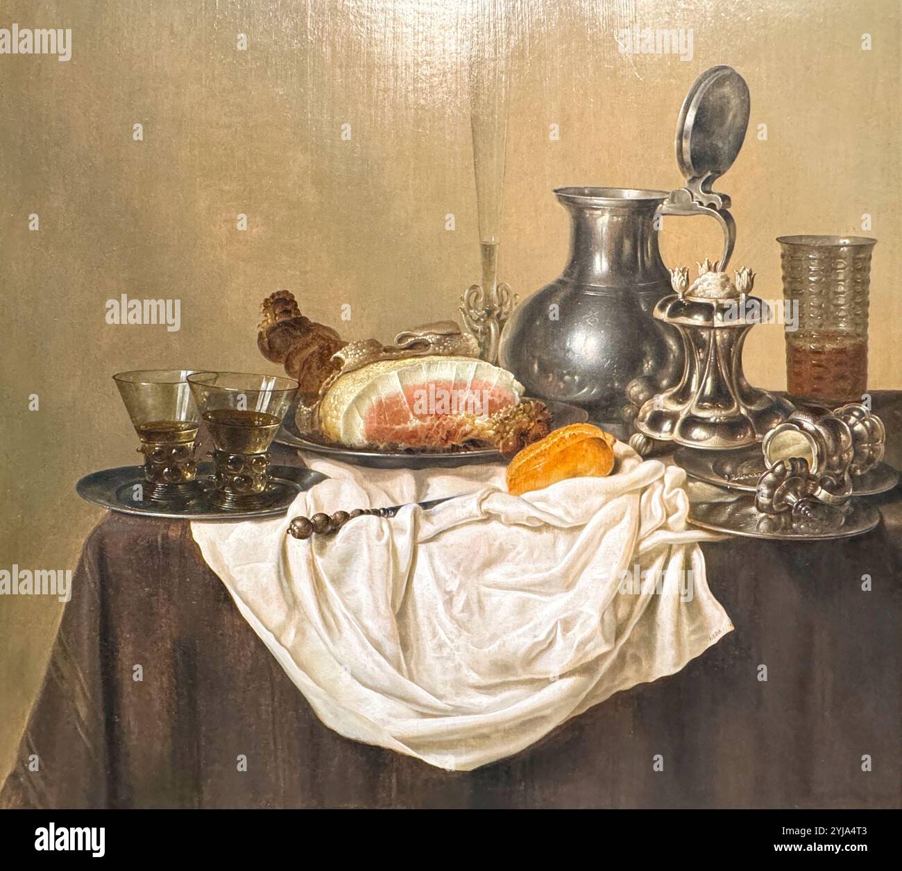 Still Life with Ham by Gerrit Willemsz Heda. With glass reflections ...