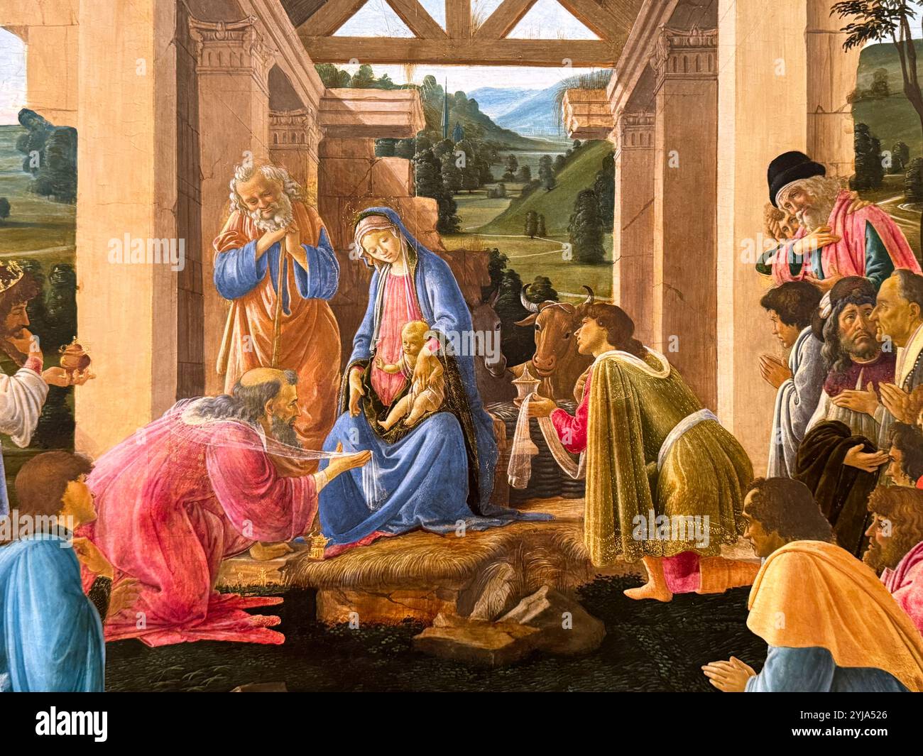 Adoration of the Magi by Sandro Botticelli. Detail of Christ, Virgin Mary and paying respect. At ...