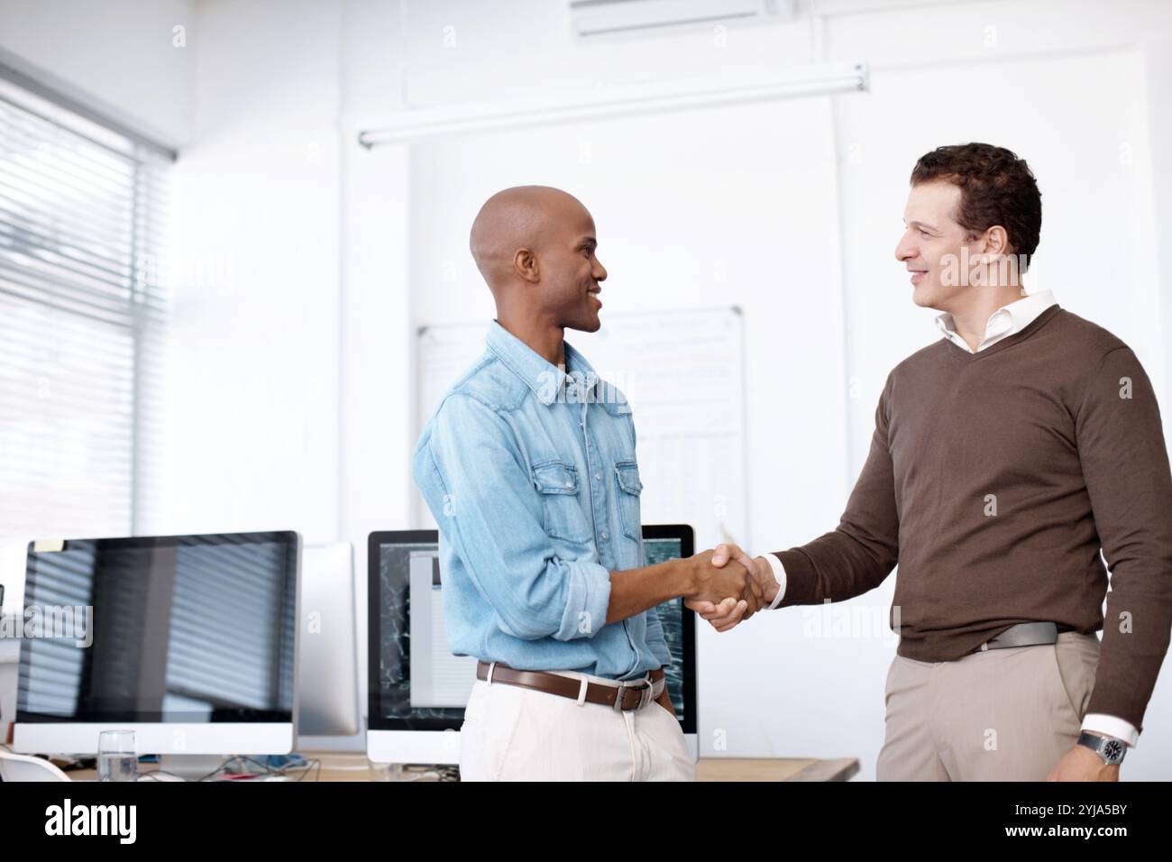 Business, people and men with handshake in office for b2b collaboration ...