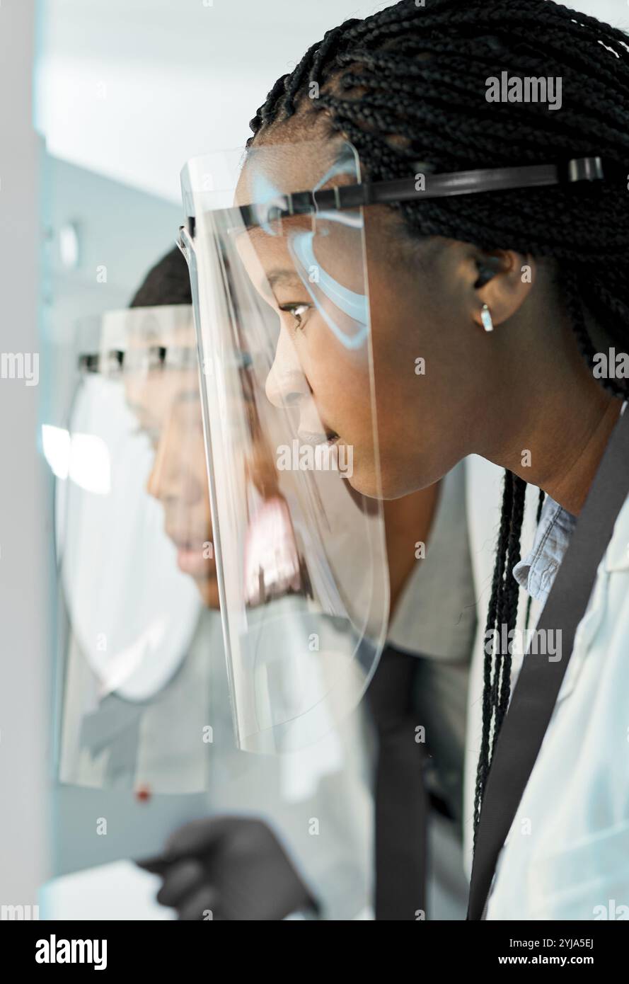 Scientist, staff and research checklist in lab with face mask on ...