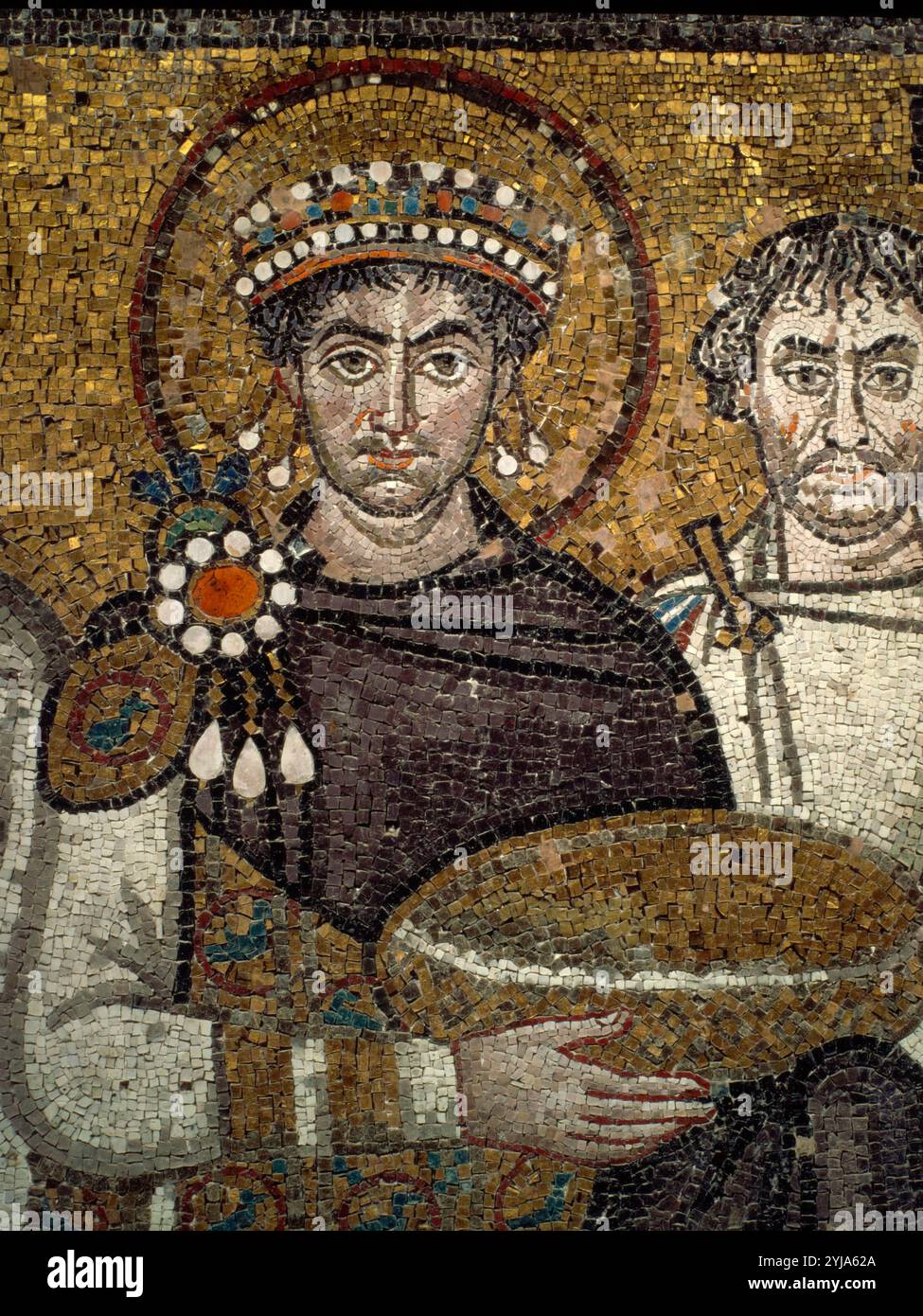 Emperor Justinian (483-565) holding paten in San Vitale , 6th century ...