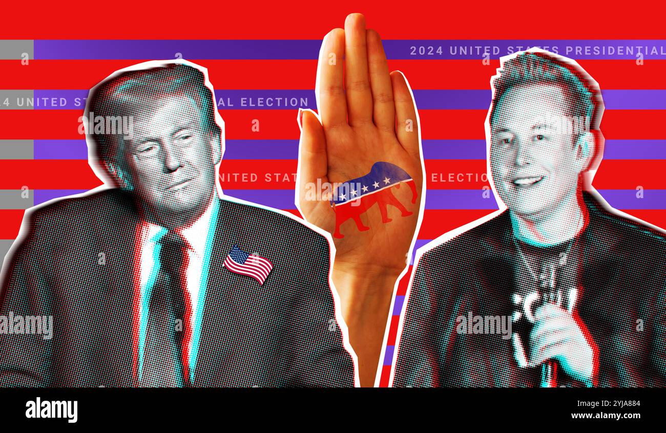 November 14, 2024 illustrative collage portrait of Elon Musk and Donald ...
