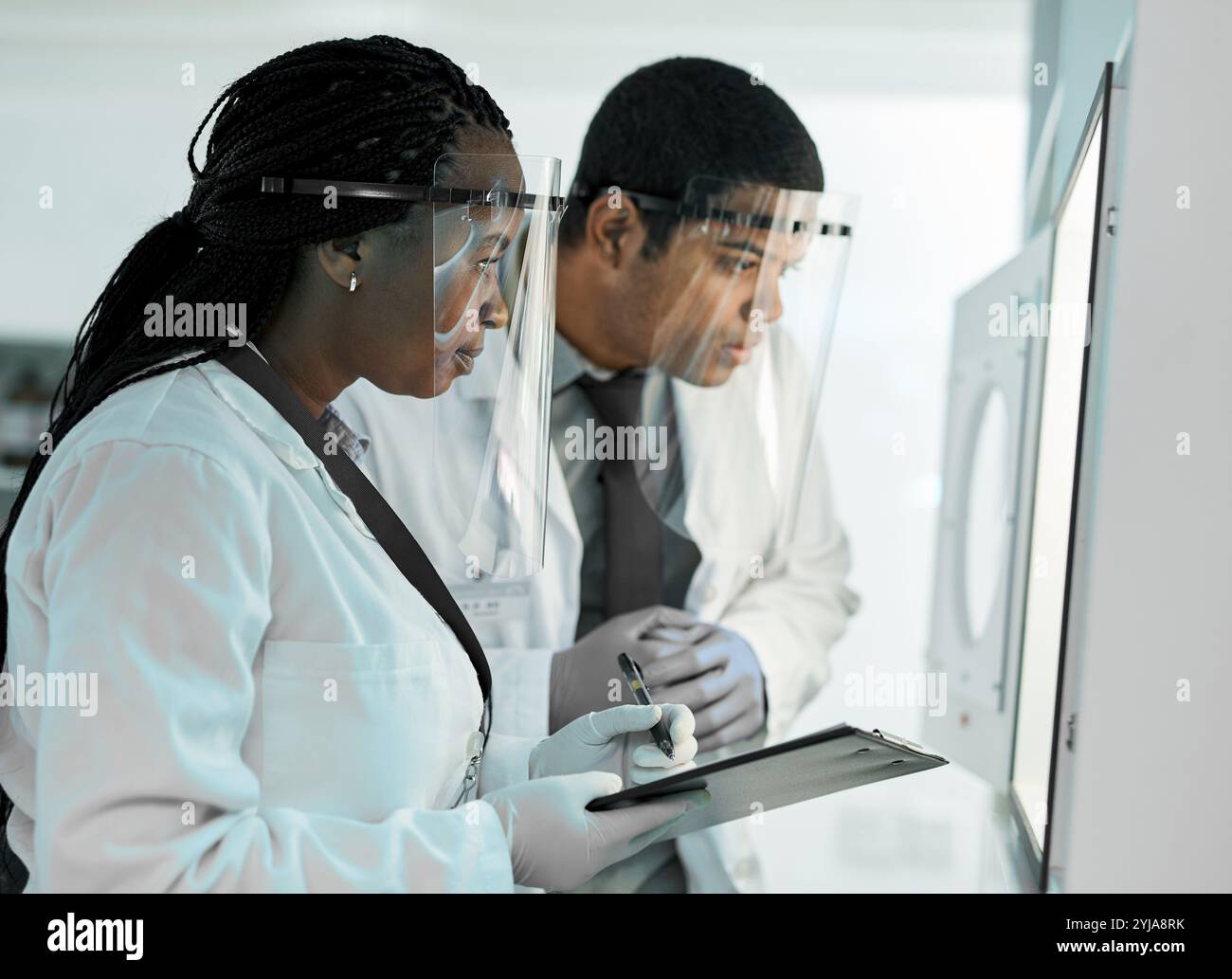 Scientist, staff and research checklist in lab with checking on ...
