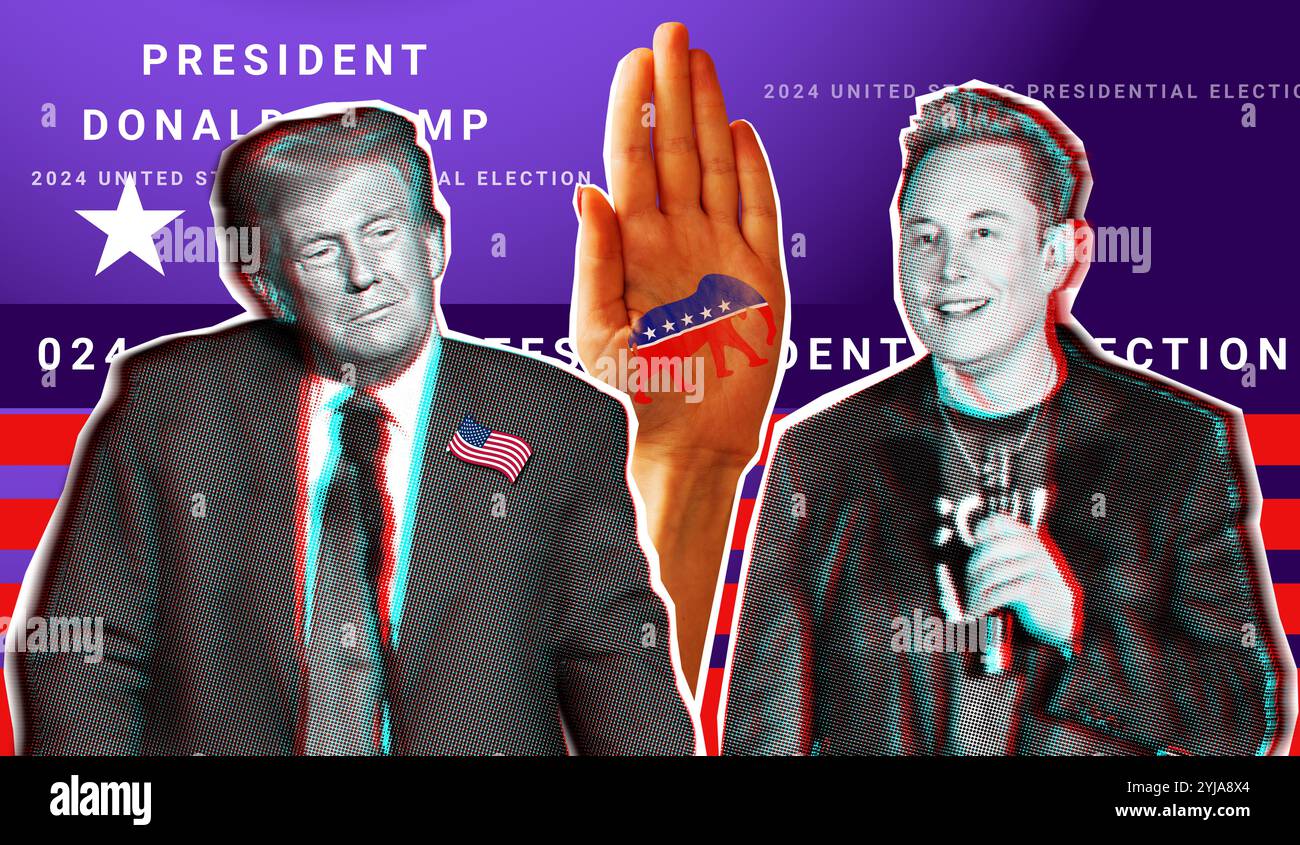 November 14, 2024 illustrative collage portrait of Elon Musk and Donald ...
