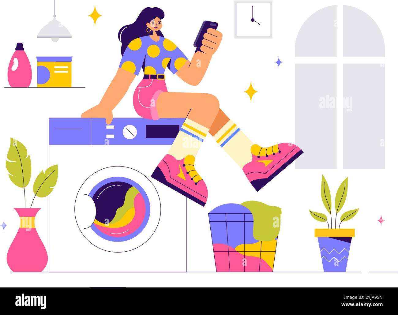 Vector Illustration of a Laundry Room with Washing and Drying Machines ...